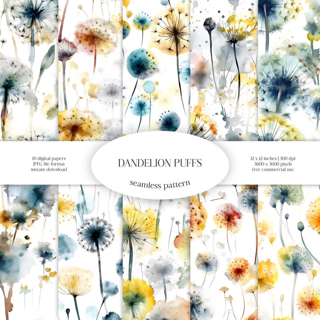 Dandelion Puffs Watercolor Digital Paper Pack | Meadow Flower Seamless ...
