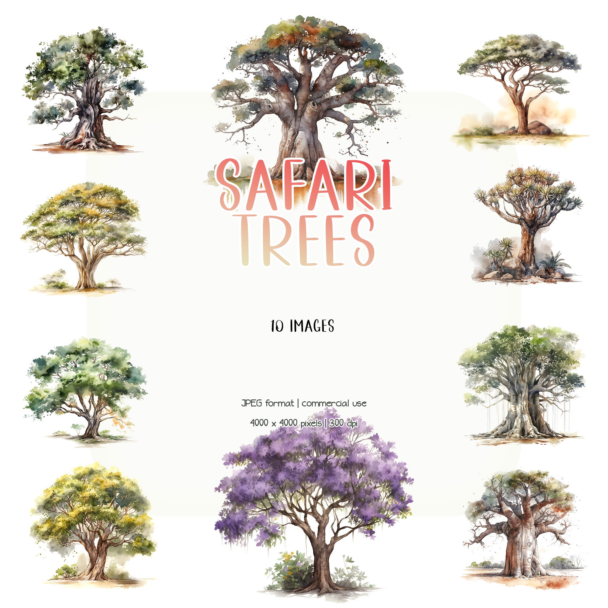 Safari Trees Watercolor Clipart | Savanna Shrub JPG Set | DIY Paper ...
