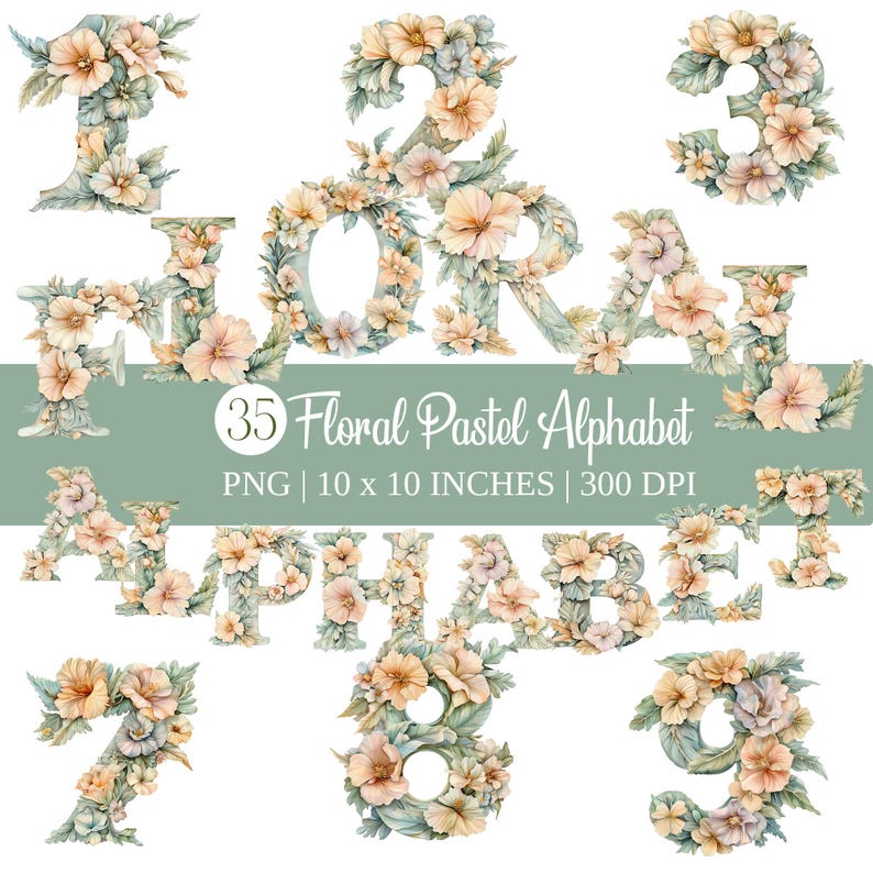Floral Pastel Alphabet Clip Art | Letters and Numerical Digits Clipart ...