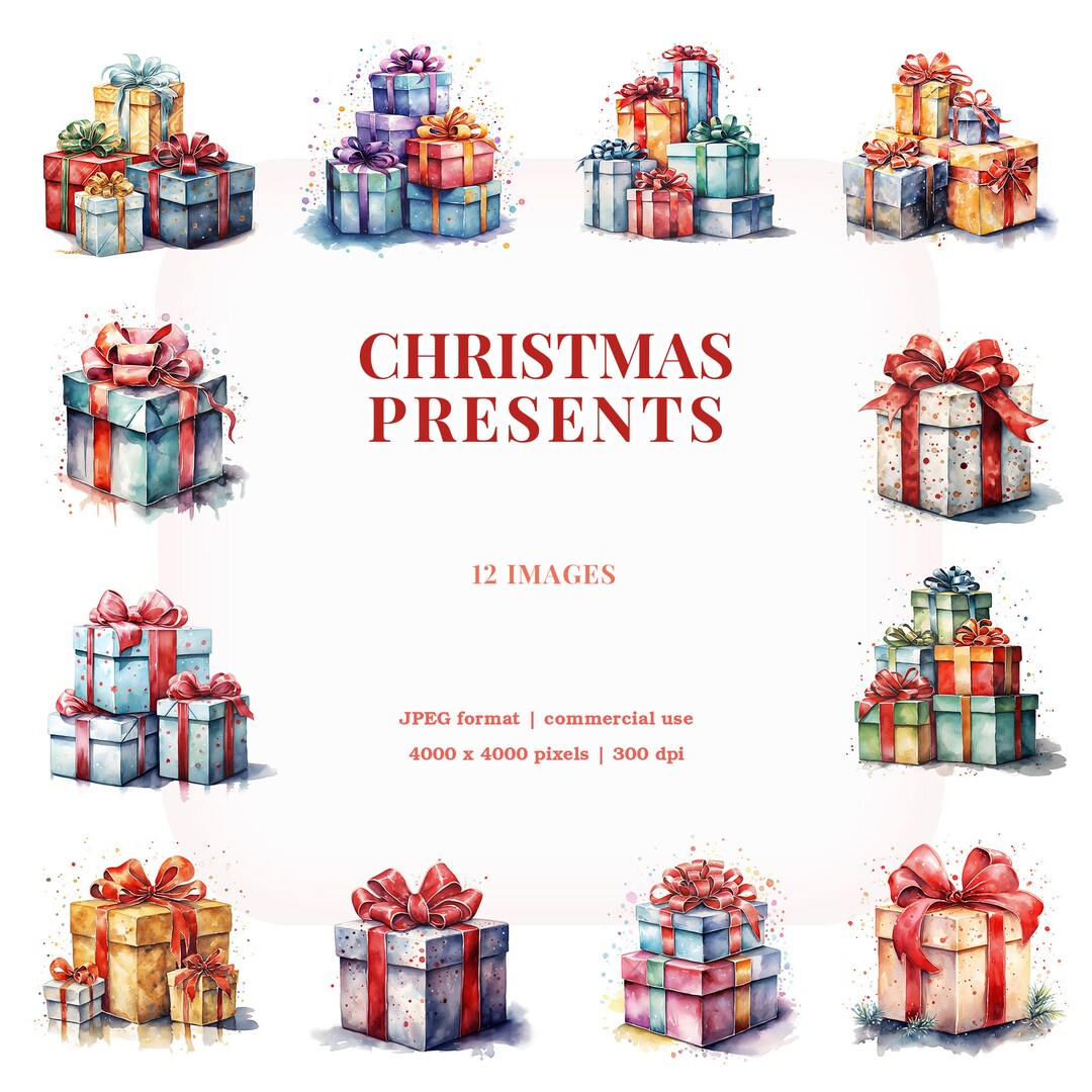 Christmas Presents Watercolor Clipart | Holiday Celebration Gift JPG ...