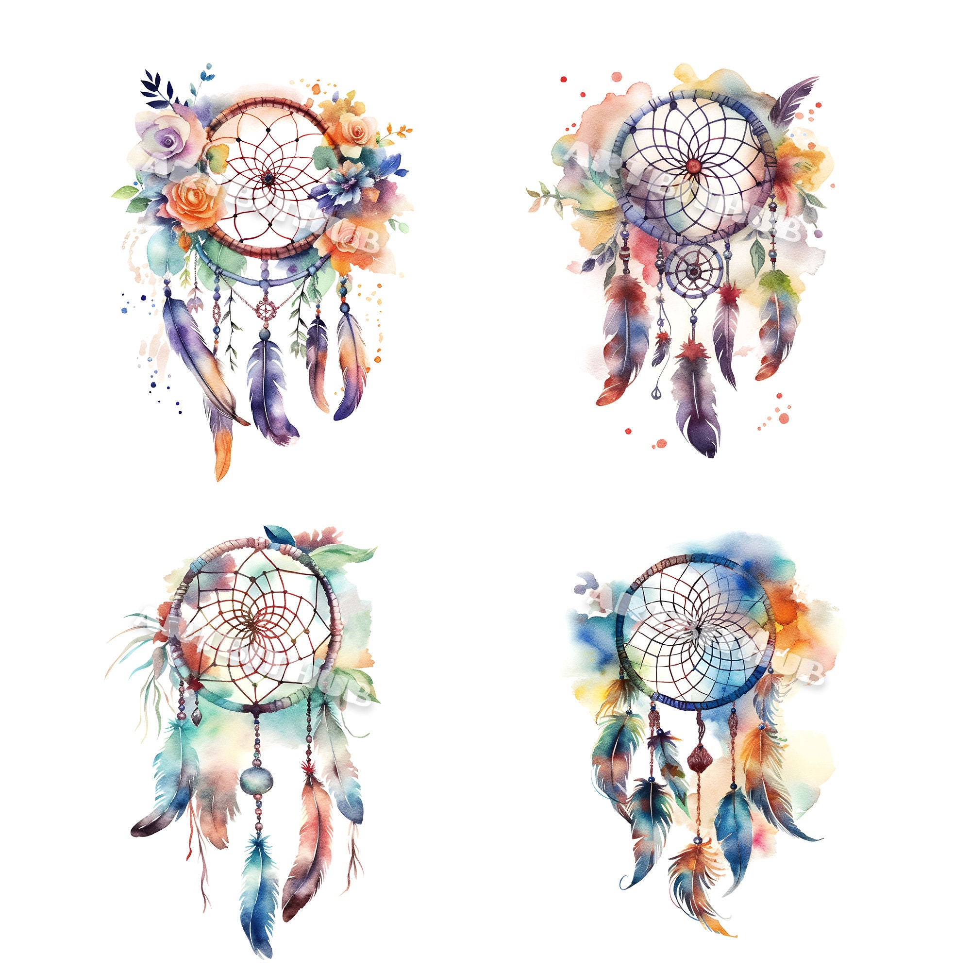 Dreamcatcher Watercolor Clipart Native American Willow Hoop JPG Set ...