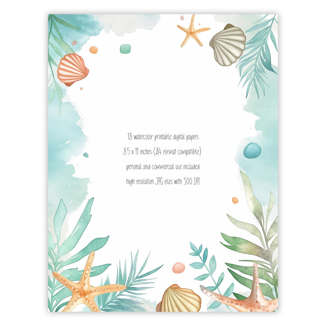 Sea Treasure Watercolor Journal Pages | Seashell & Starfish JPG Digital ...
