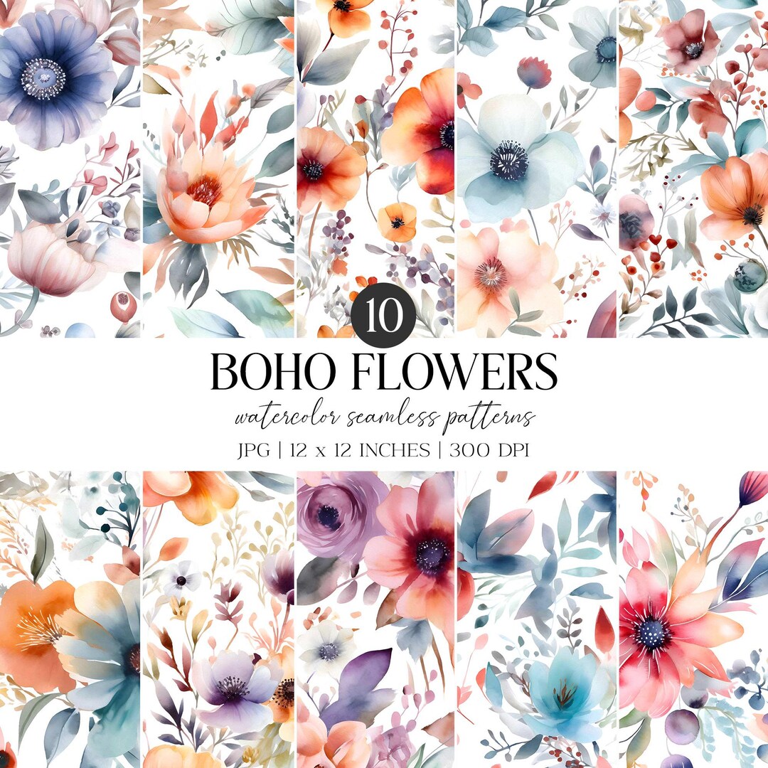 Boho Flowers Watercolor Digital Paper Pack | Vintage Floral Seamless ...