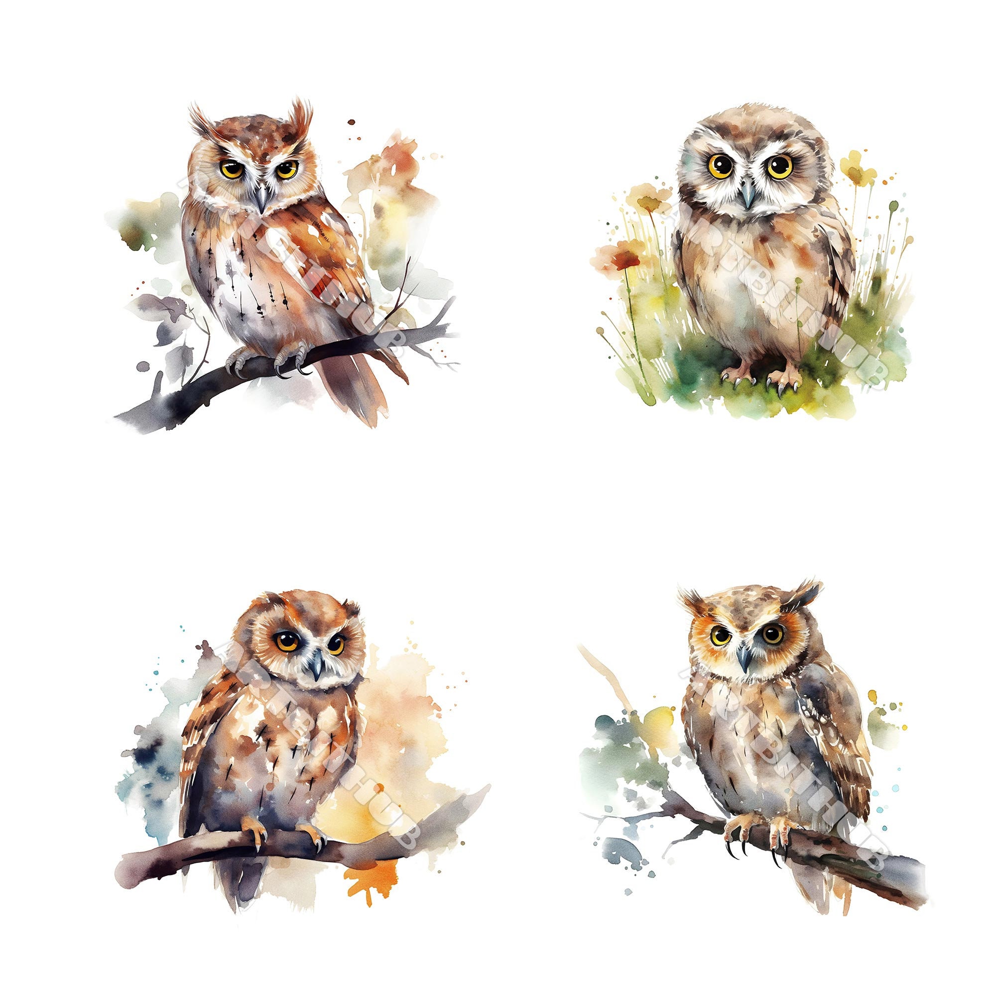 Owl Landscape Watercolor Clipart | Night Bird & Branch, Rock, Meadow ...