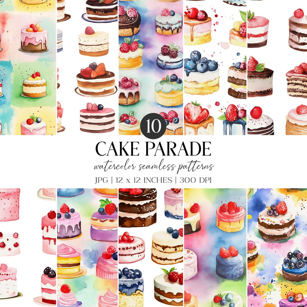 Cake Parade Watercolor Seamless Pattern | Dessert Fabric (JPG Digital ...