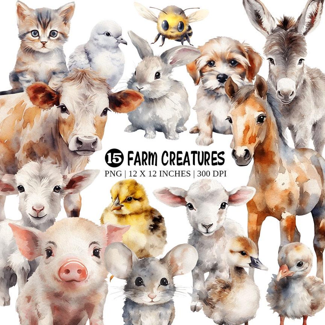 Watercolor Farm Animals Clipart | Baby Nursery PNG Collection (digital ...