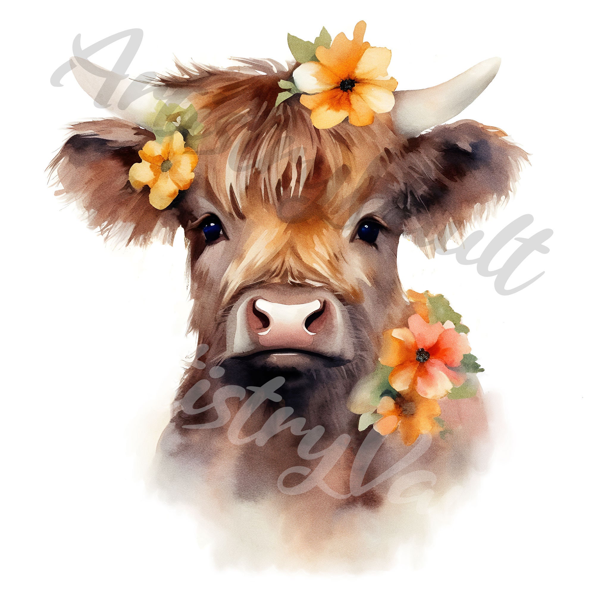 Highland Calf Watercolor Clipart Baby Cow & Flowers JPEG - Etsy