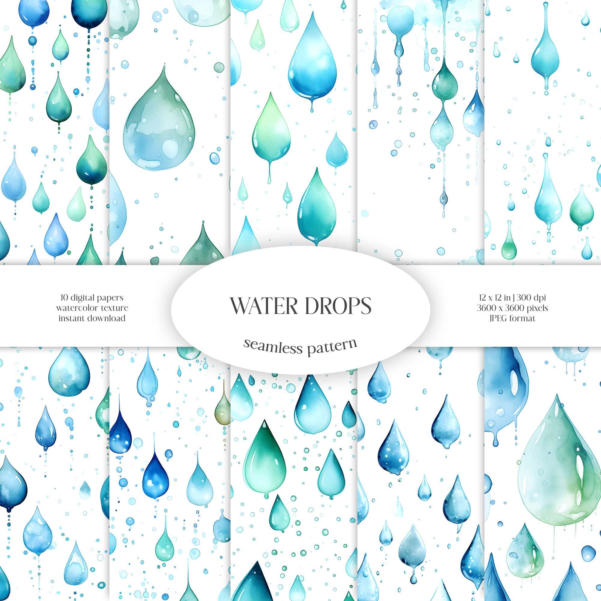 Water Drops Watercolor Digital Paper Pack | Rain Droplet Seamless ...