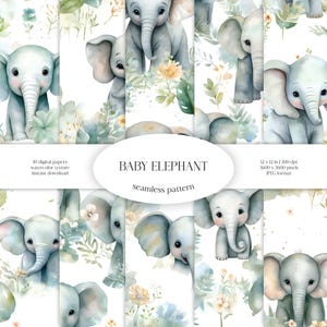 Baby Elephant Watercolor Digital Paper Pack | Safari Animal Seamless ...