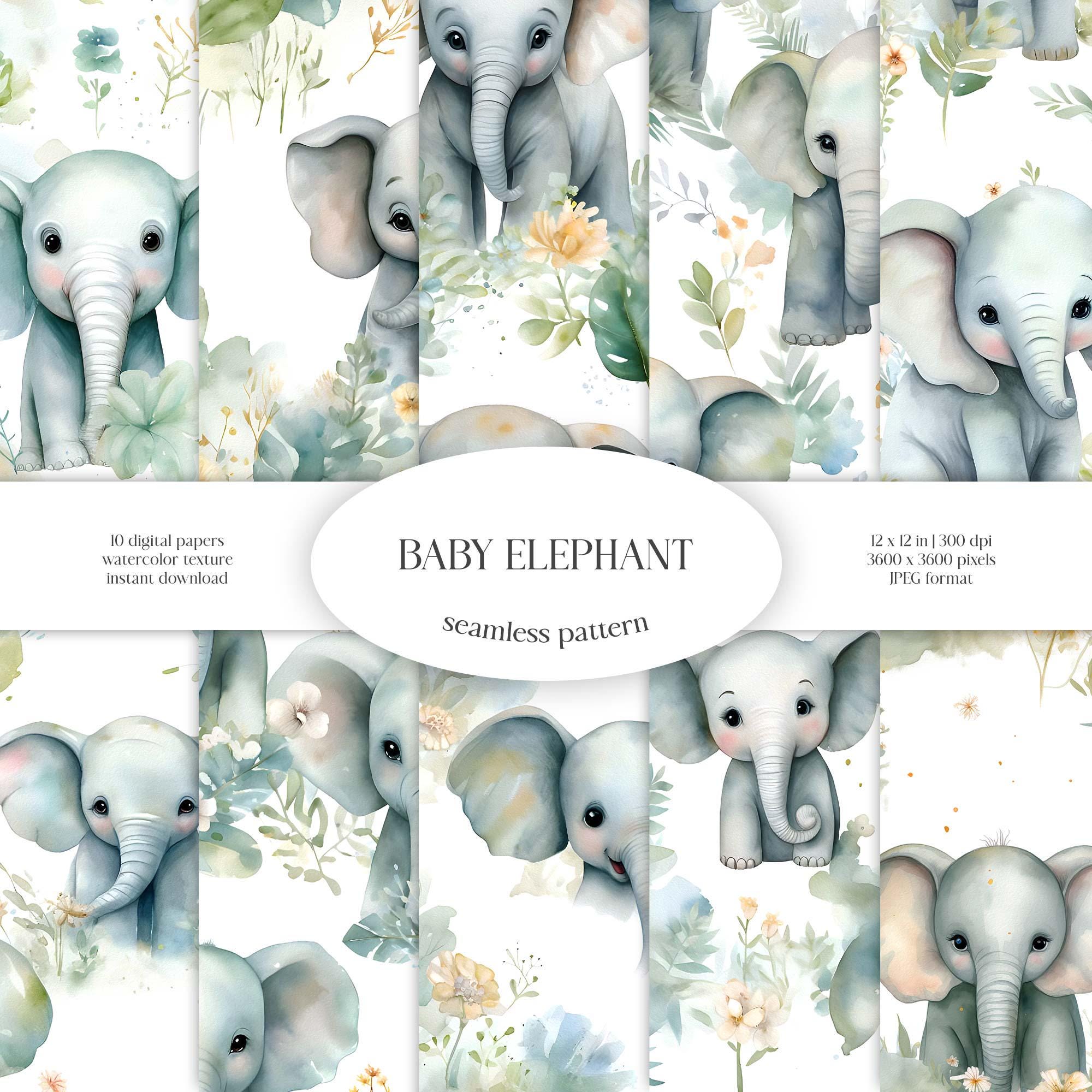 Baby Elephant Watercolor Digital Paper Pack | Safari Animal Seamless ...