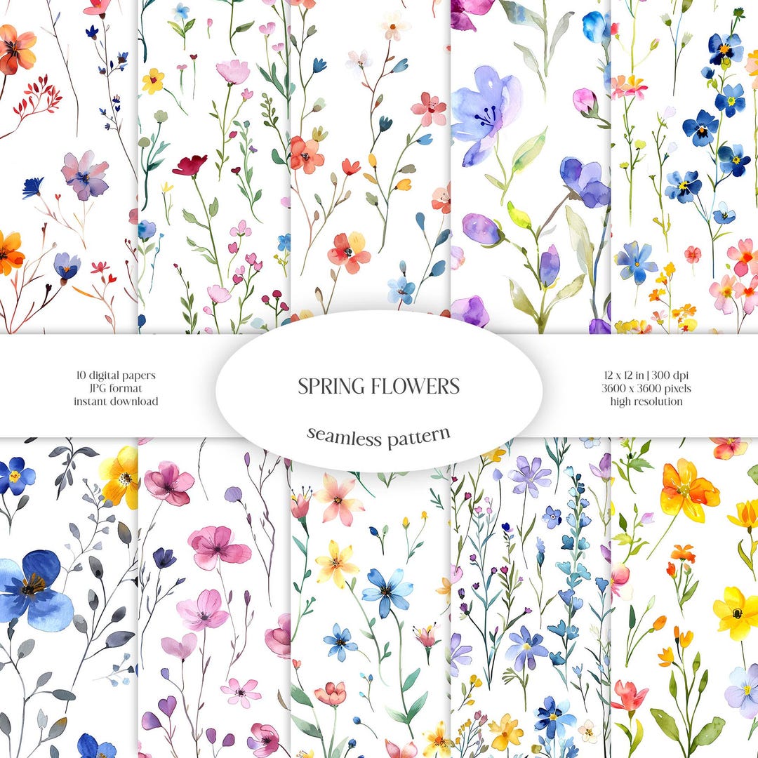 Spring Flowers Watercolor Seamless Pattern Collection | Meadow Floral ...