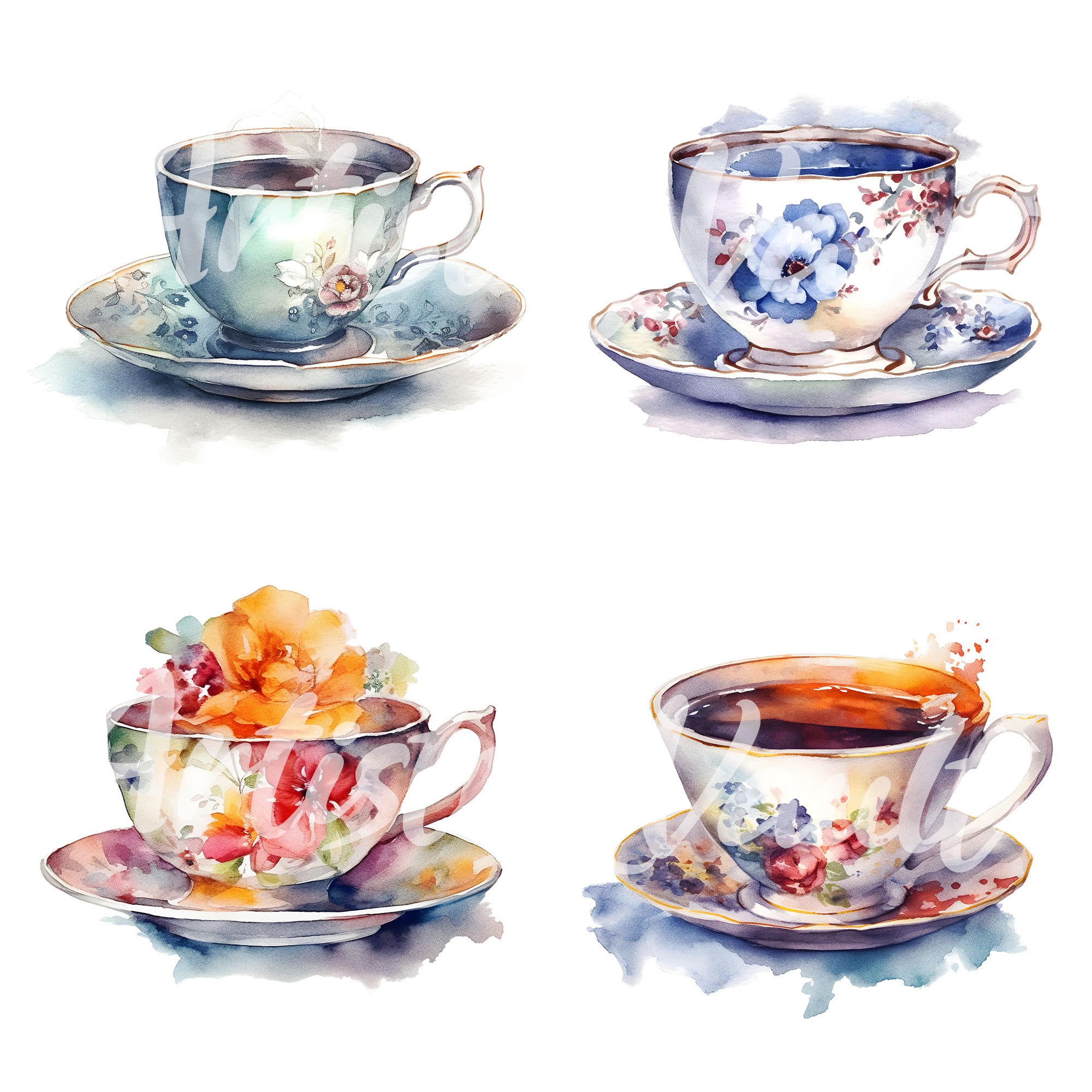 Tea Cup Watercolor Clipart Herbal Drink JPG Set Paper - Etsy