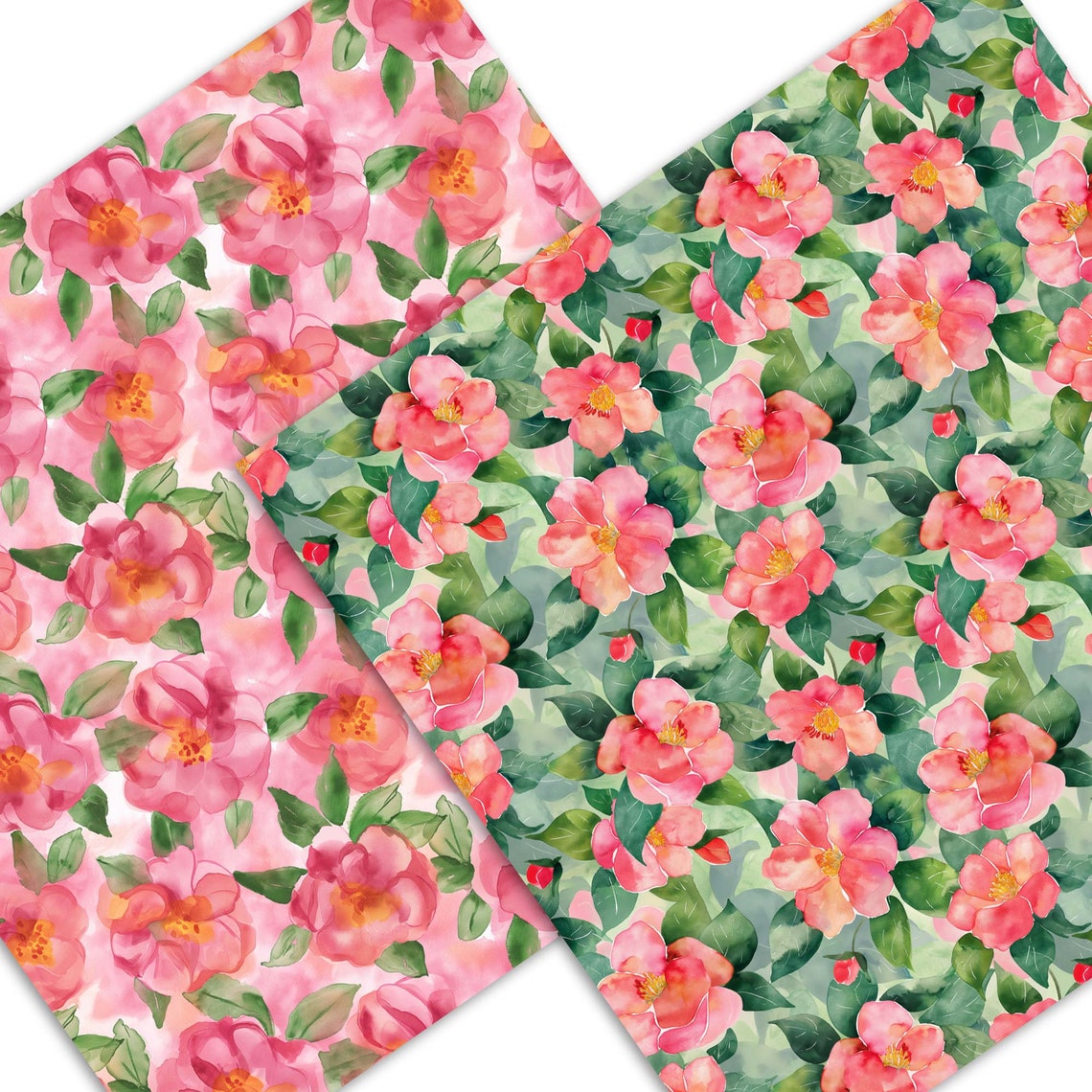 Camellia Watercolor Seamless Pattern Floral & Greenery JPG Digital ...