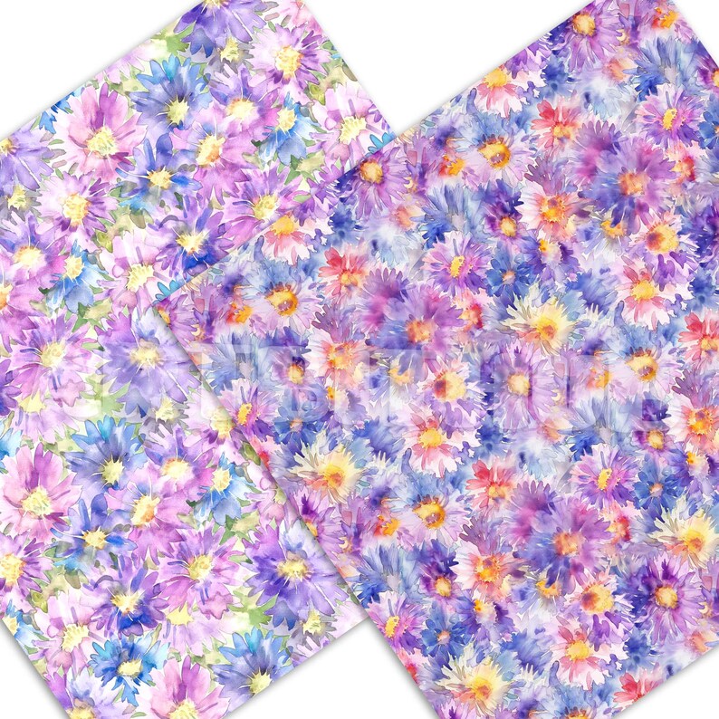 Asters Watercolor Seamless Pattern | Floral & Greenery JPG Digital Paper Pack | Background ...