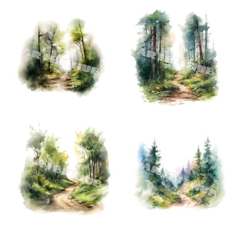 Forest Path Watercolor Clipart | Mountain Hike JPG Set | Stationery ...