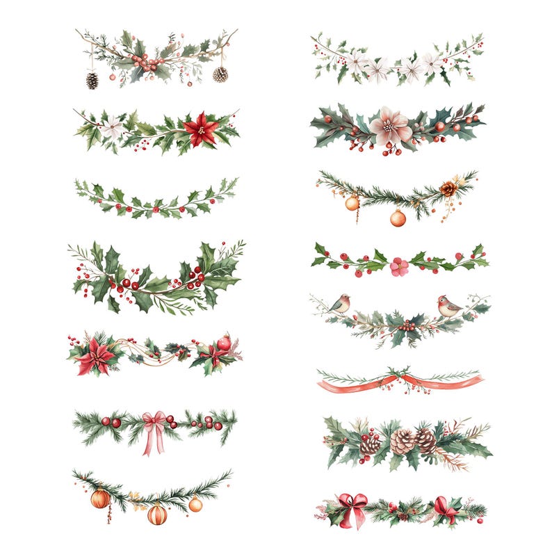 Christmas Garlands Watercolor Clipart | Winter Holidays Greenery PNG ...
