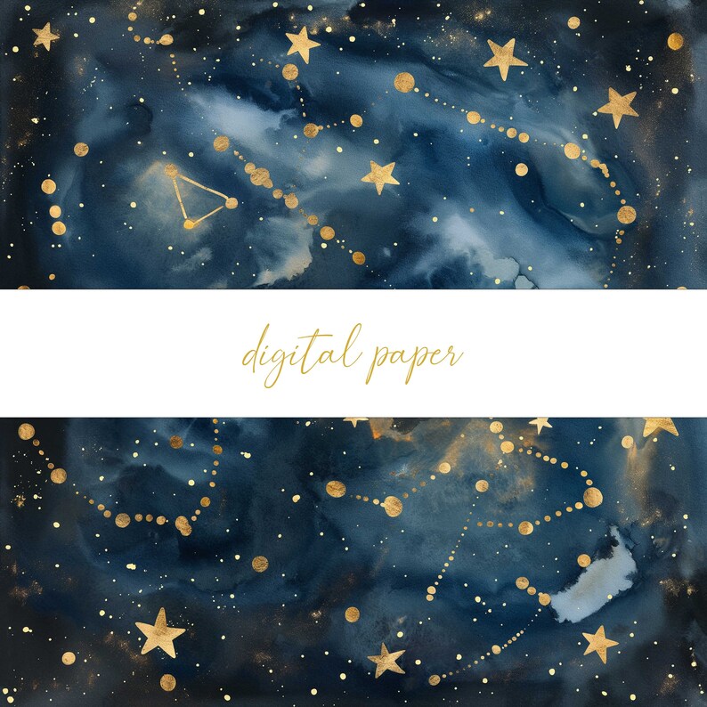 Constellations Watercolor Digital Paper Night Sky Gold Stars Abstract ...