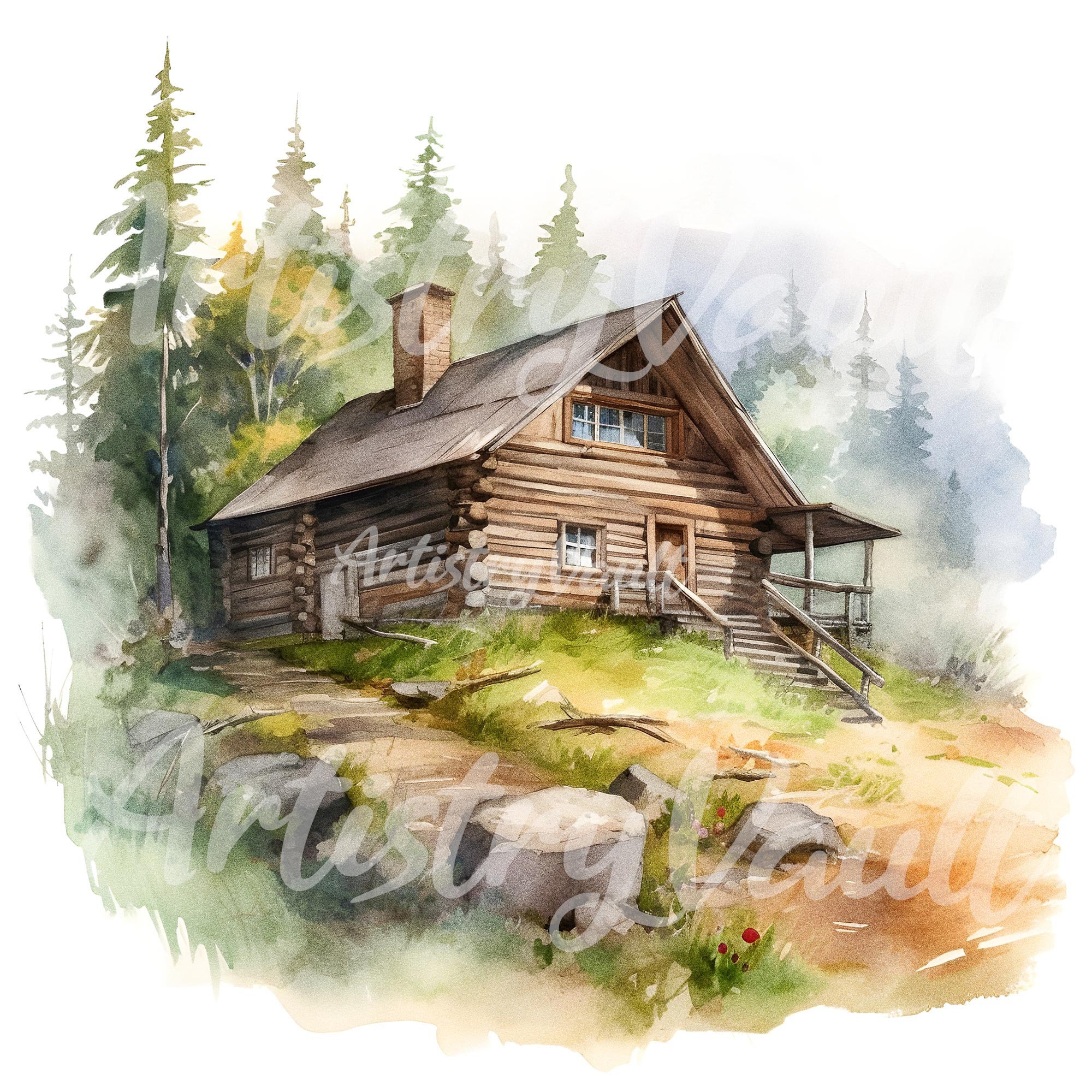 Log Cabin Watercolor Clipart Mountain Shack JPG Set Paper - Etsy