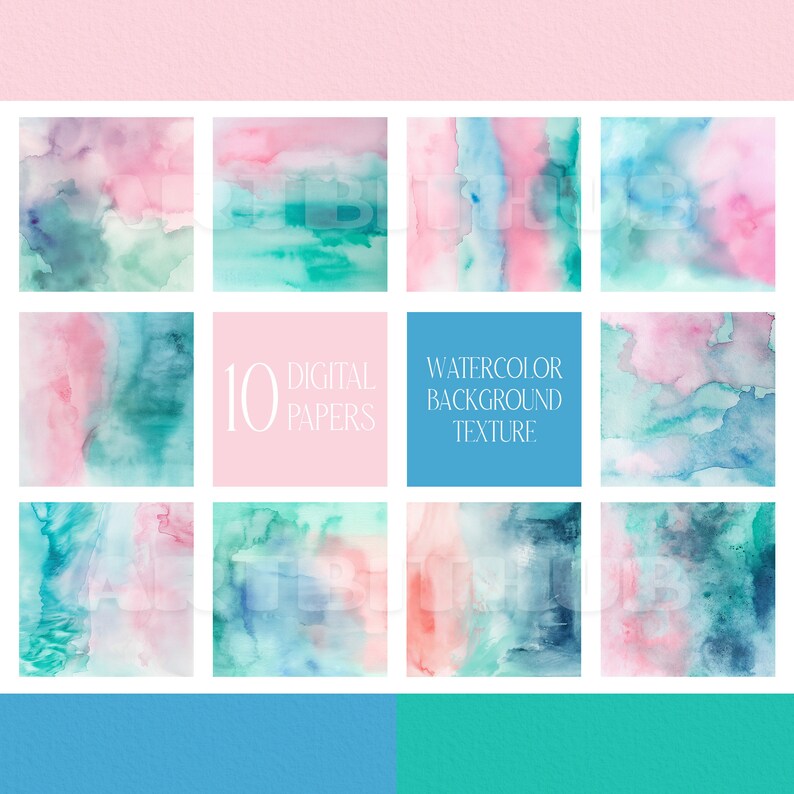 Pink, Azure Blue & Mint Green Watercolor Texture | Modern Abstract ...