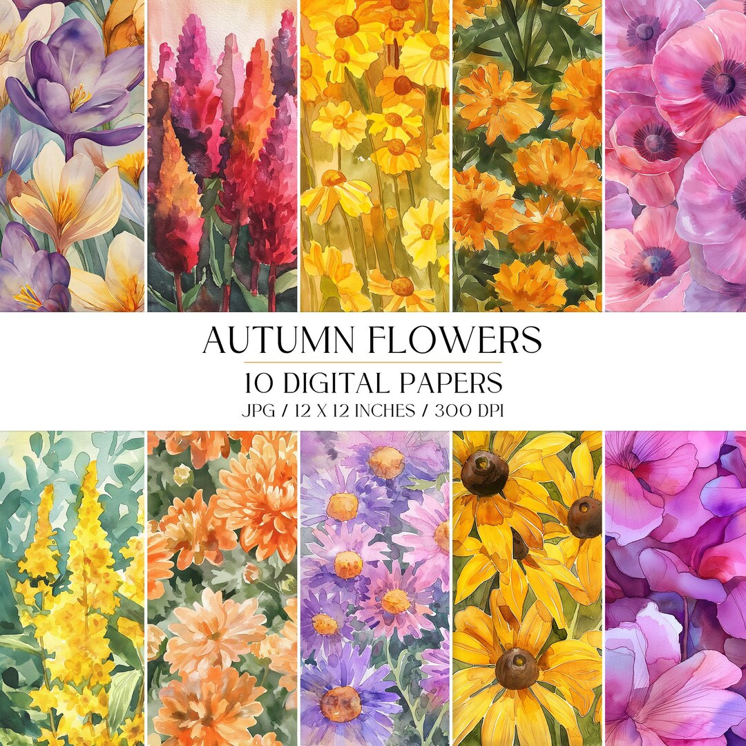 Autumn Flowers Watercolor Digital Paper | Chrysanthemum Marigold Crocus ...