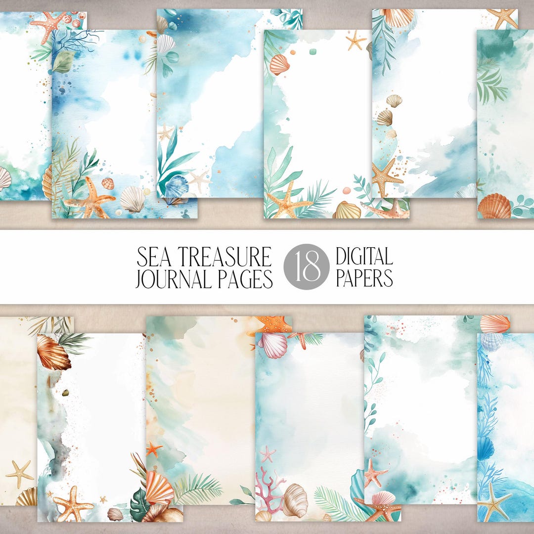 Sea Treasure Watercolor Journal Pages | Seashell & Starfish JPG Digital ...