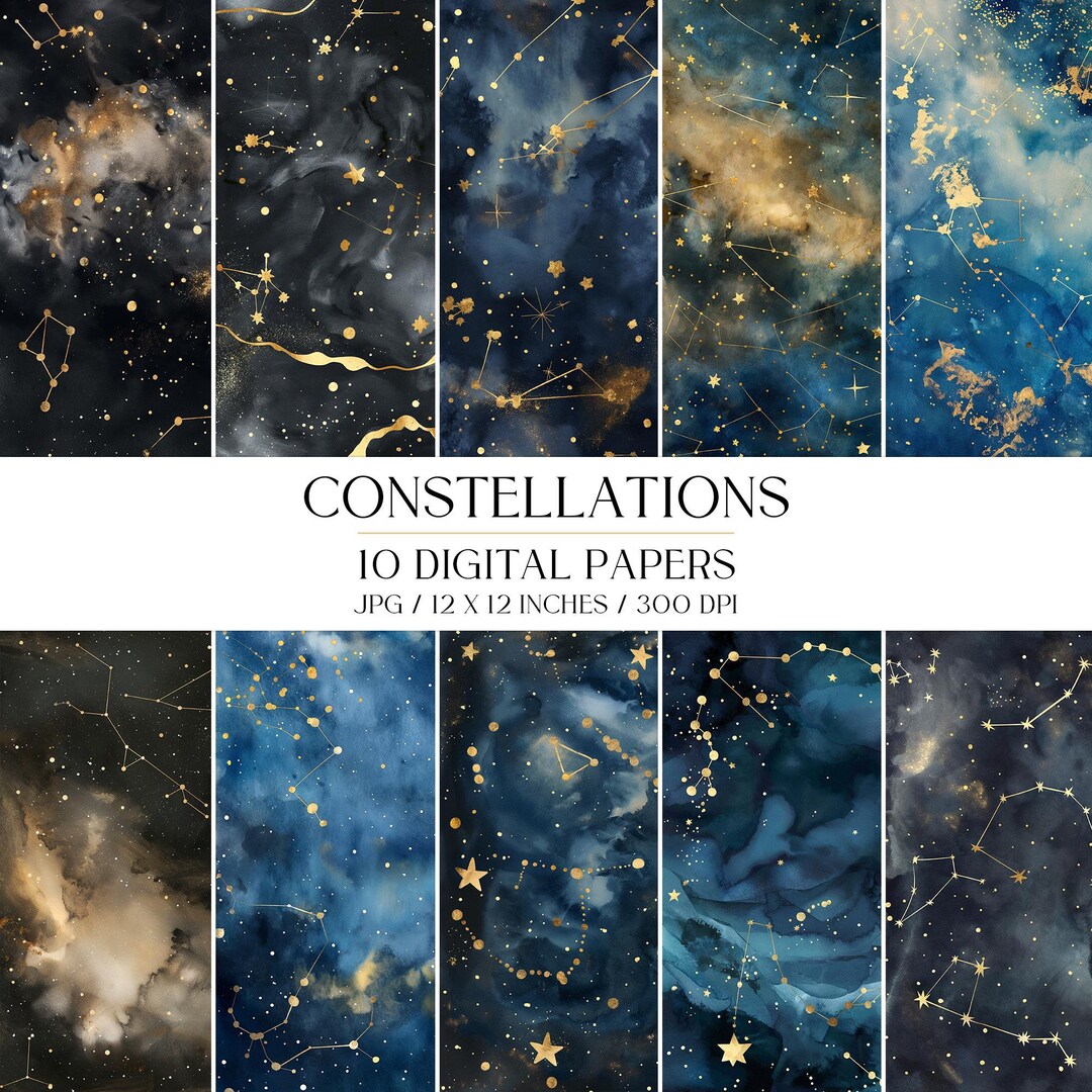 Constellations Watercolor Digital Paper | Gold Stars Night Sky (JPEG ...
