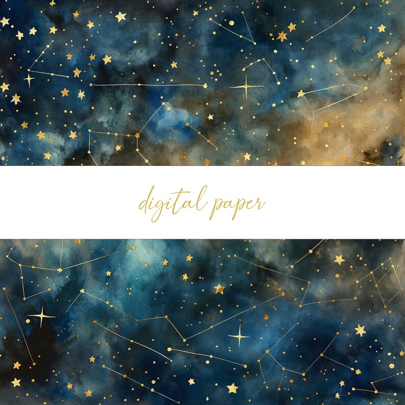 Constellations Watercolor Digital Paper Night Sky Gold Stars Abstract ...