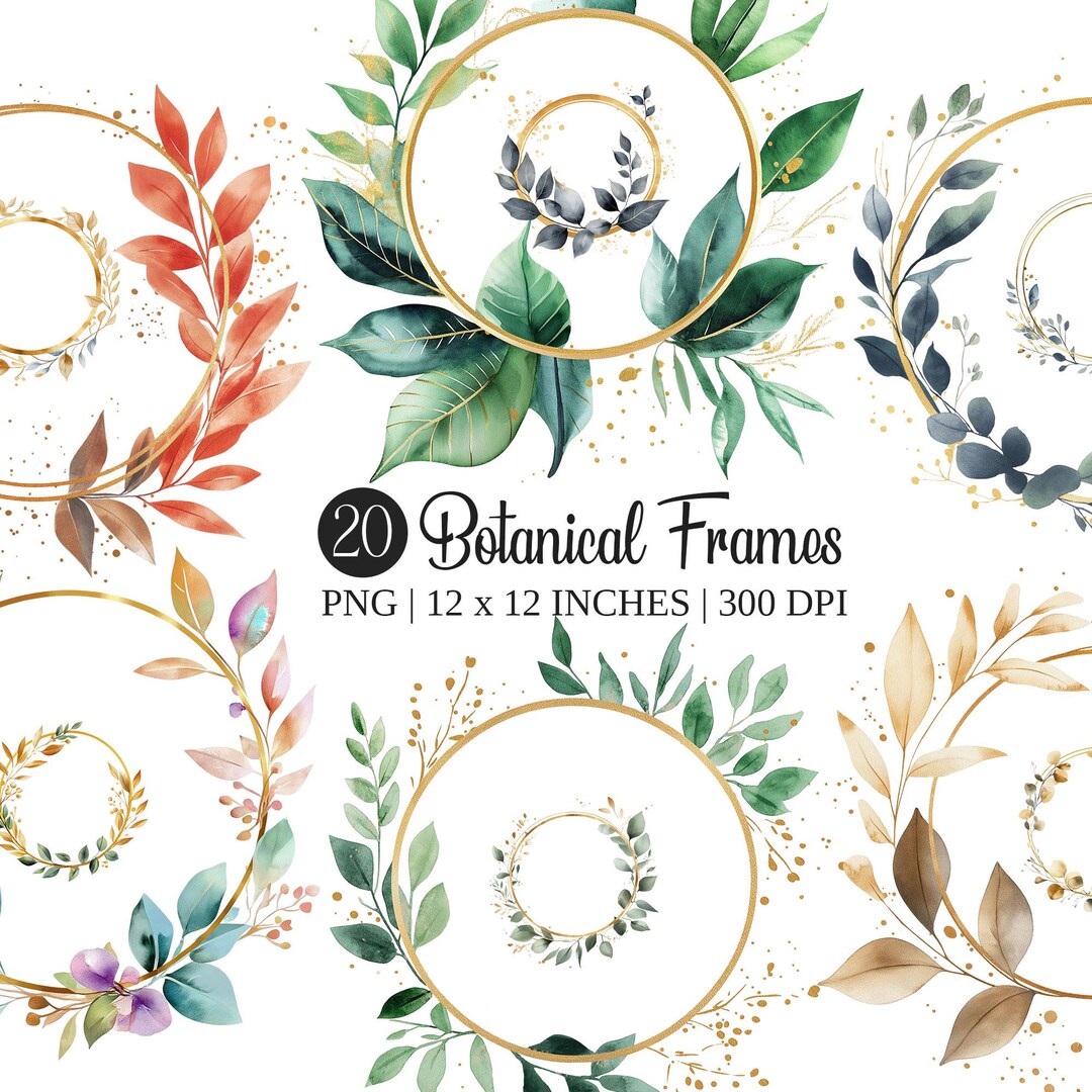 Watercolor Botanical Frames Clipart | Greenery Wreaths, Golden Borders ...