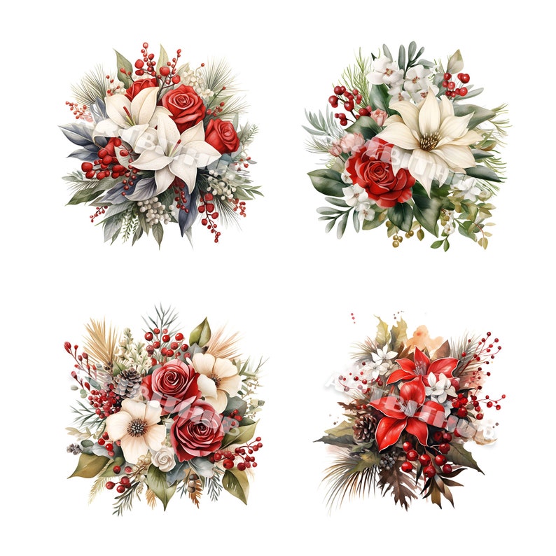 Christmas Bouquets Watercolor Clipart | Floral & Greenery Arrangements ...