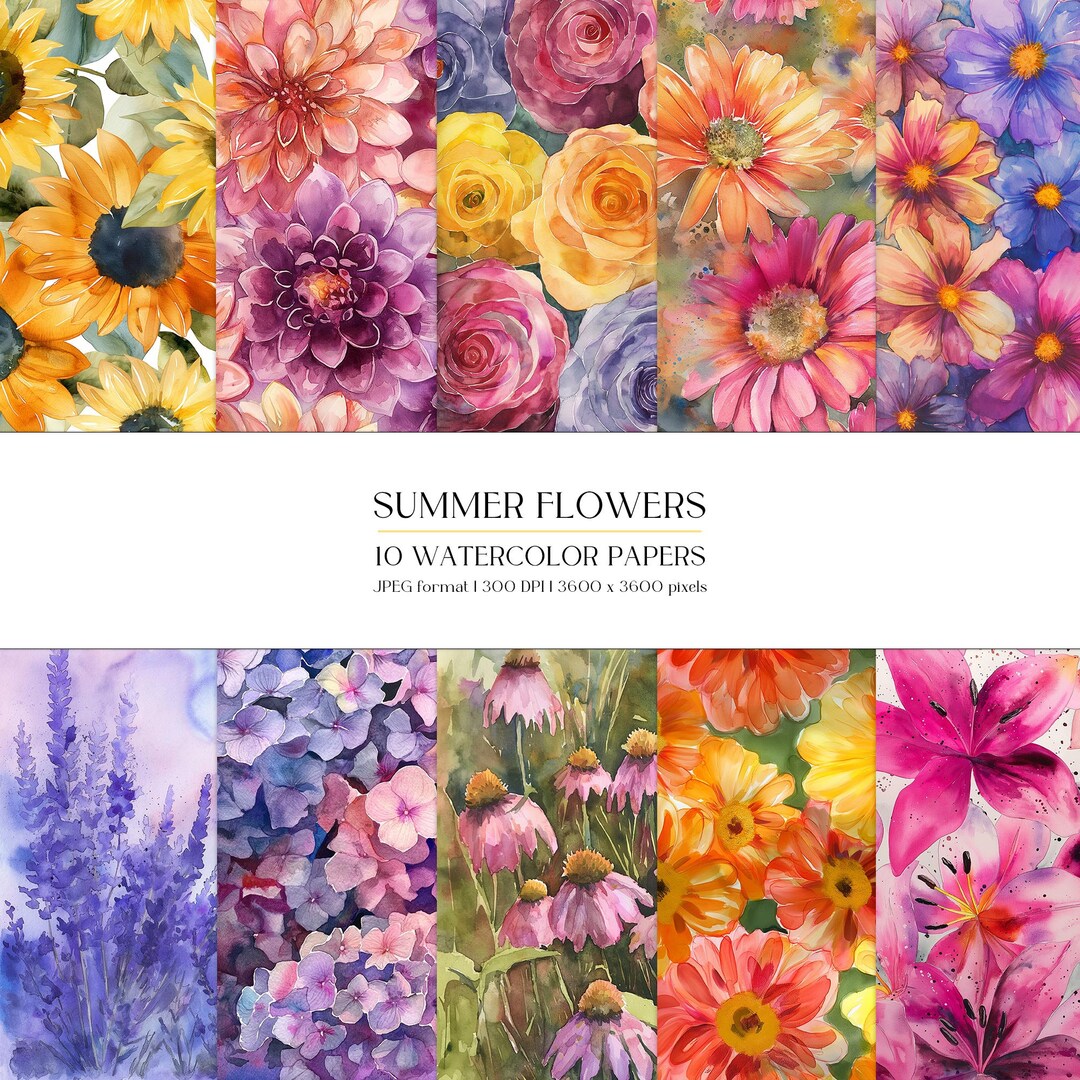 Summer Flowers Watercolor Digital Paper | Sunflower Rose Lavender ...