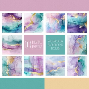 Lilac Teal & Gold Watercolor Texture | Light Purple Blue Green Metallic ...