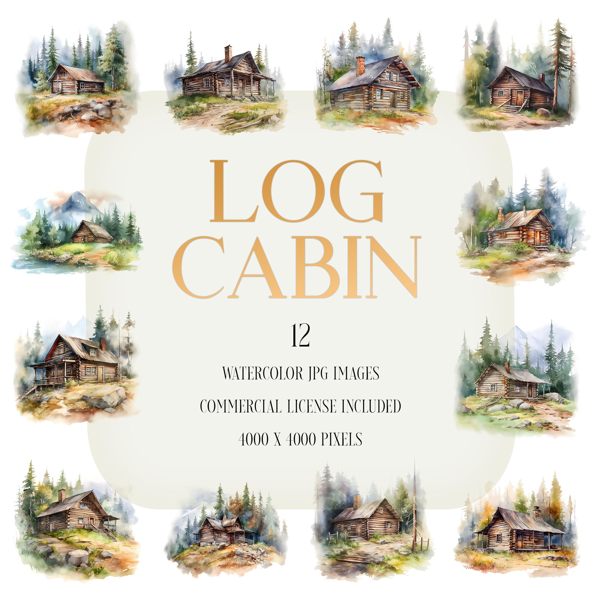 Log Cabin Watercolor Clipart Mountain Shack JPG Set Paper - Etsy