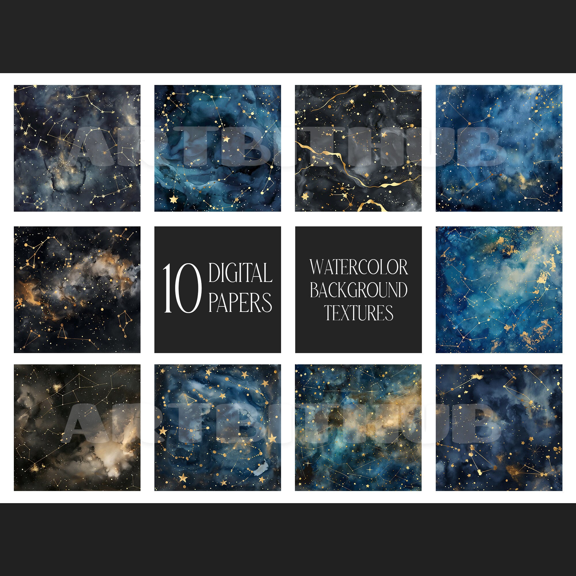 Constellations Watercolor Digital Paper Night Sky Gold Stars Abstract ...