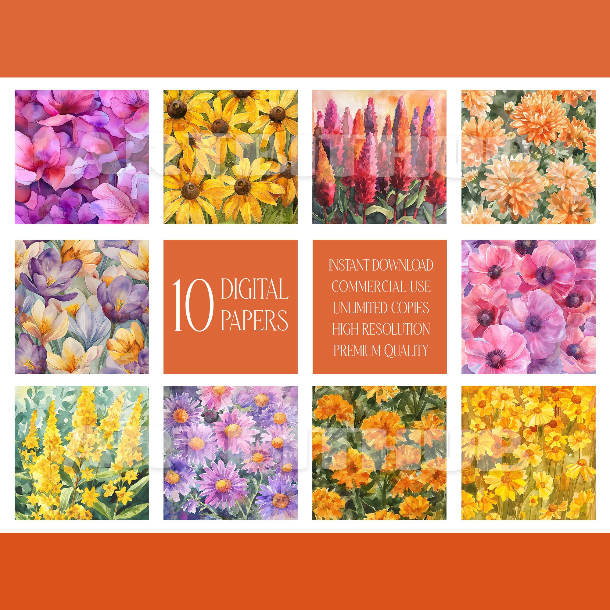 Autumn Flowers Watercolor Digital Paper | Chrysanthemum Marigold Crocus ...