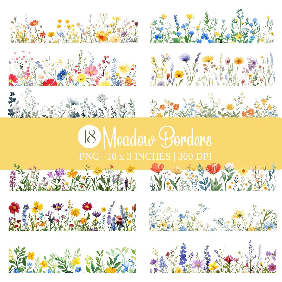 Meadow Borders Watercolor Clip Art | Wildflowers Frames | Floral ...