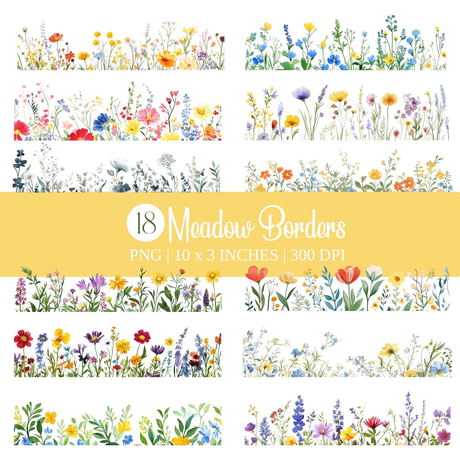 Meadow Borders Watercolor Clip Art | Wildflowers Frames | Floral ...