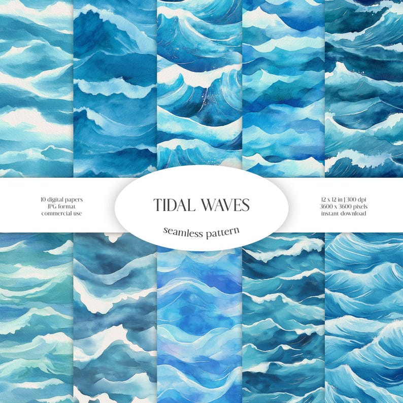 Tidal Waves Watercolor Seamless Pattern | Ocean JPG Digital Paper Pack ...