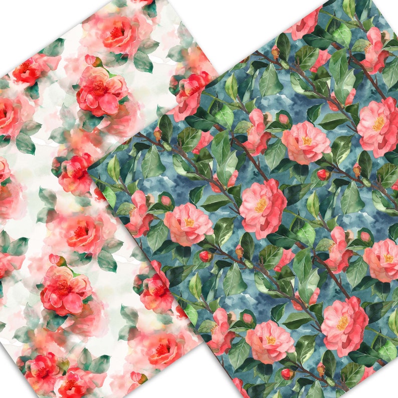 Camellia Watercolor Seamless Pattern Floral & Greenery JPG Digital ...