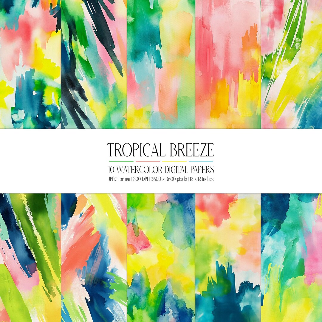 Tropical Breeze Watercolor Digital Paper | Modern Abstract Background ...