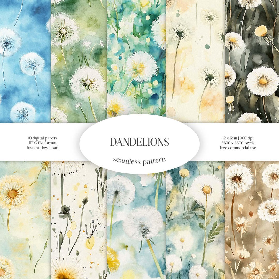 Dandelions Watercolor Seamless Pattern | Floral & Greenery JPG Digital ...