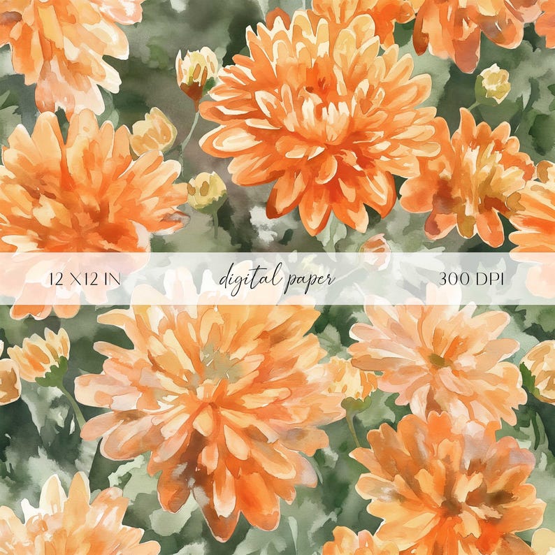 Autumn Flowers Watercolor Digital Paper | Chrysanthemum Marigold Crocus ...