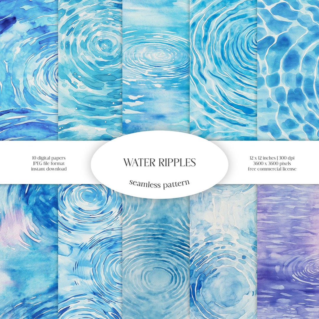 Water Ripples Watercolor Seamless Pattern | Puddle Drop JPG Digital ...
