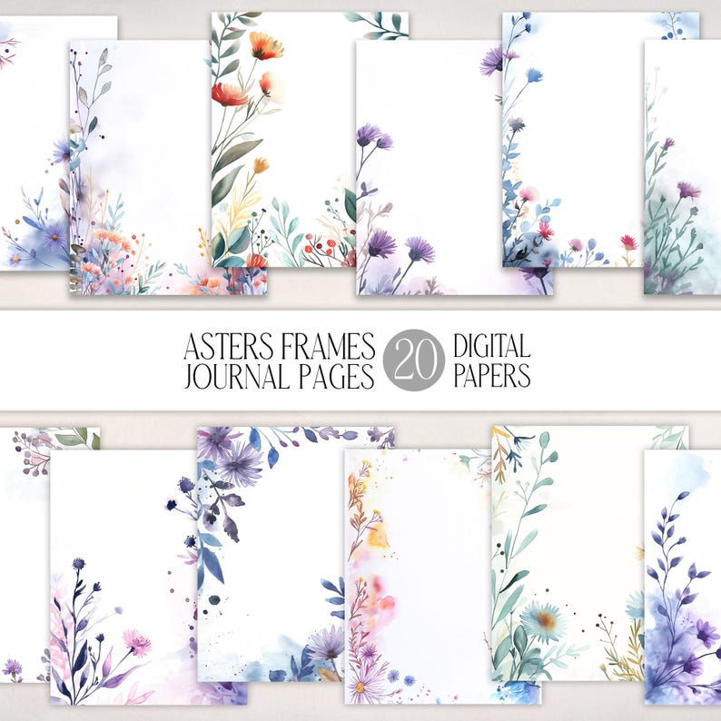 Asters Frames Watercolor Journal Pages | Star Flower & Greenery JPG Digital Paper Pack | Floral ...