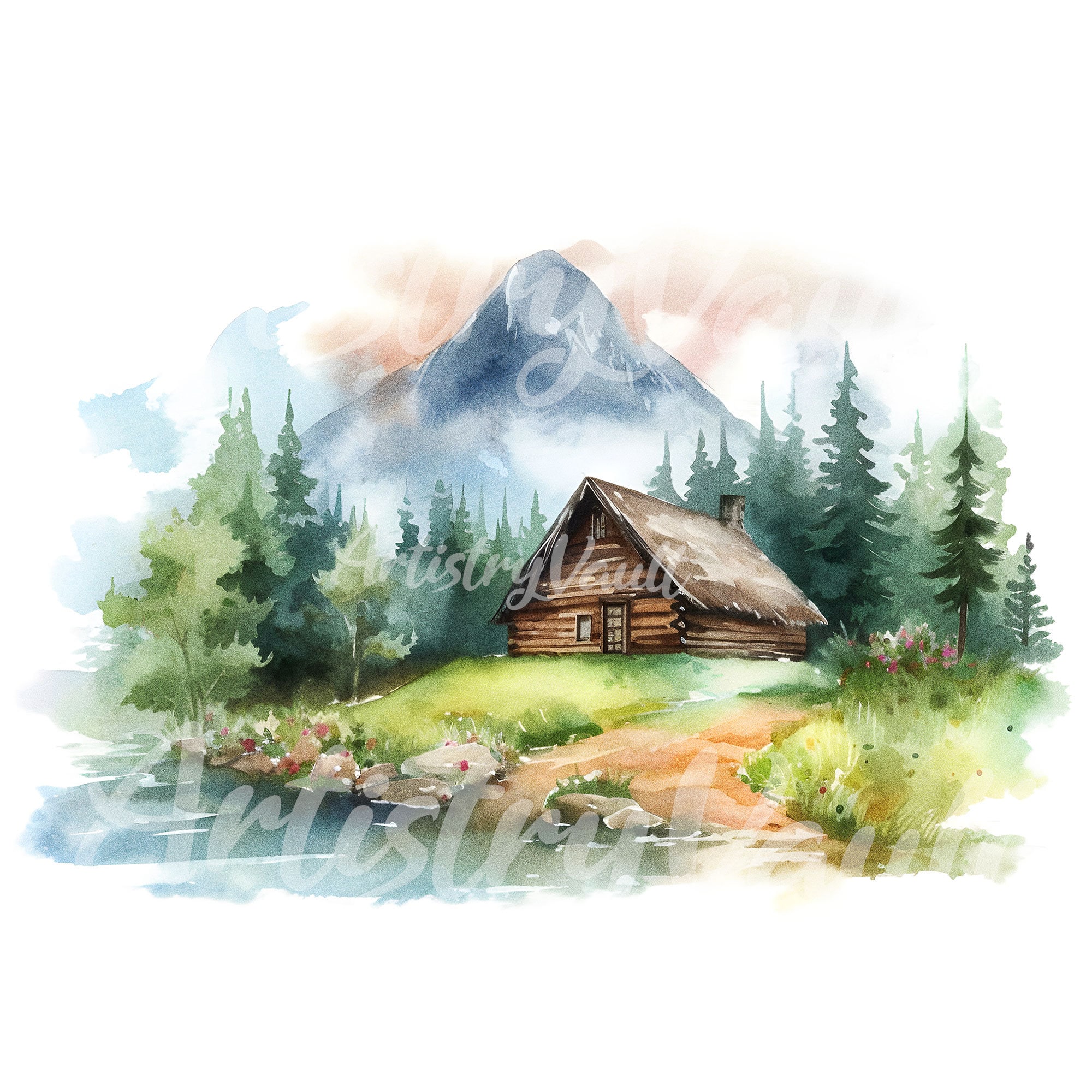 Log Cabin Watercolor Clipart Mountain Shack JPG Set Paper - Etsy