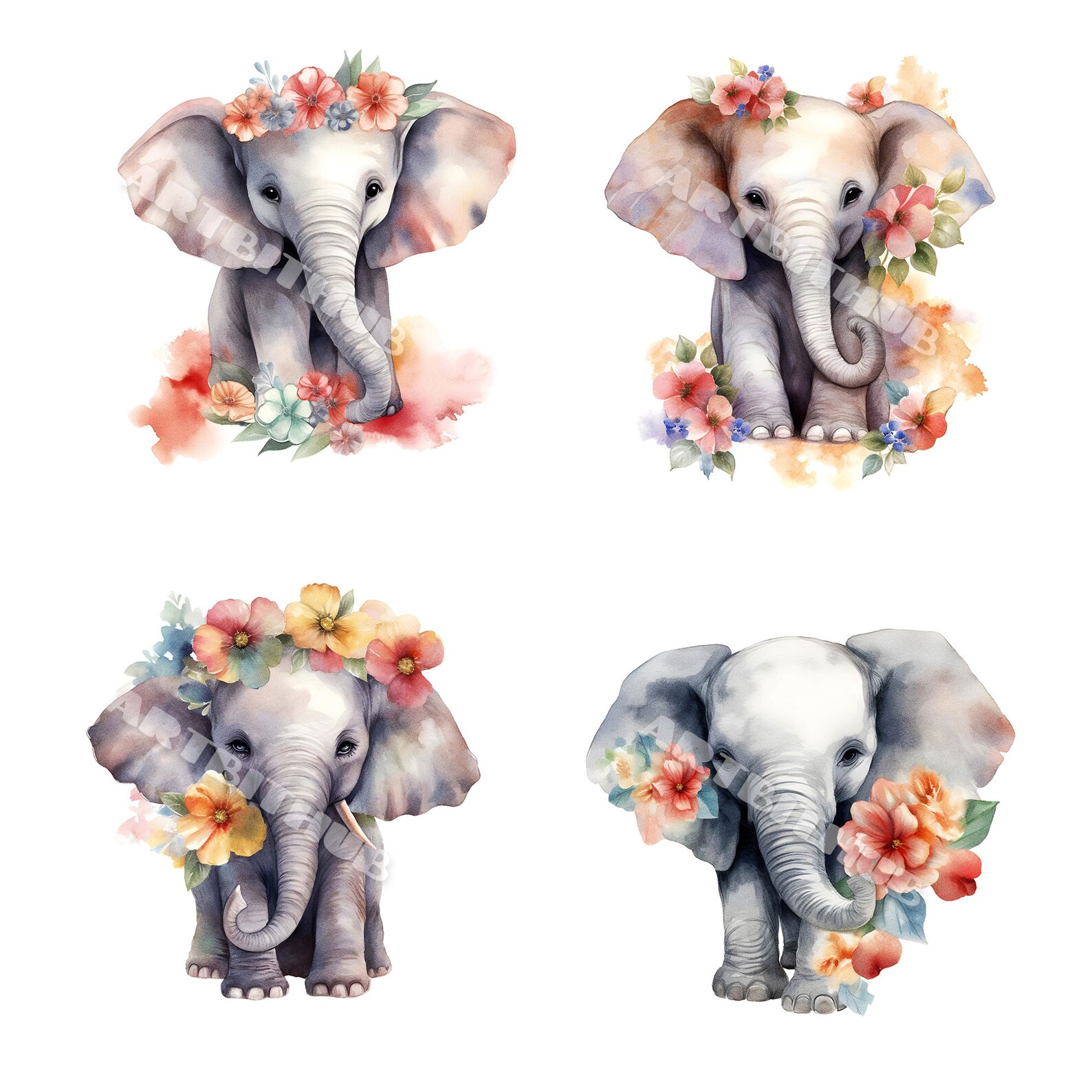 Baby Elephant & Flowers Watercolor Clipart Cute Safari Animal JPG Set ...