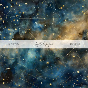 Constellations Watercolor Digital Paper | Night Sky Gold Stars Abstract ...