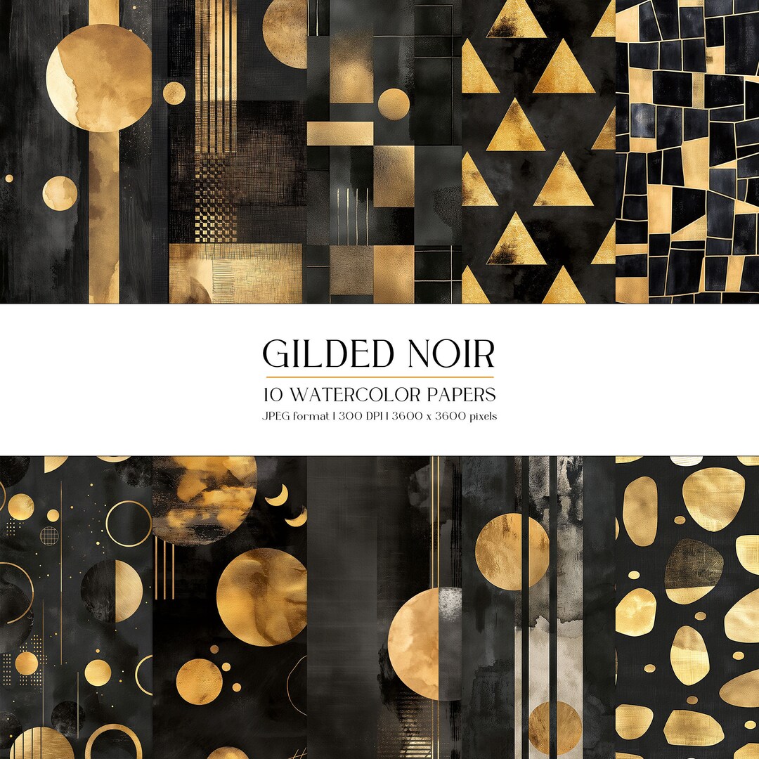Gilded Noir Watercolor Digital Paper | Gold Shapes Black Modern ...