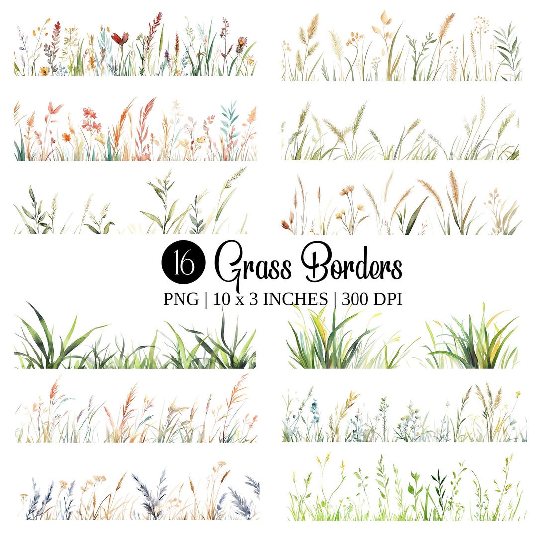 Watercolor Grass Borders Clip Art | Meadow Greenery PNG (digital ...