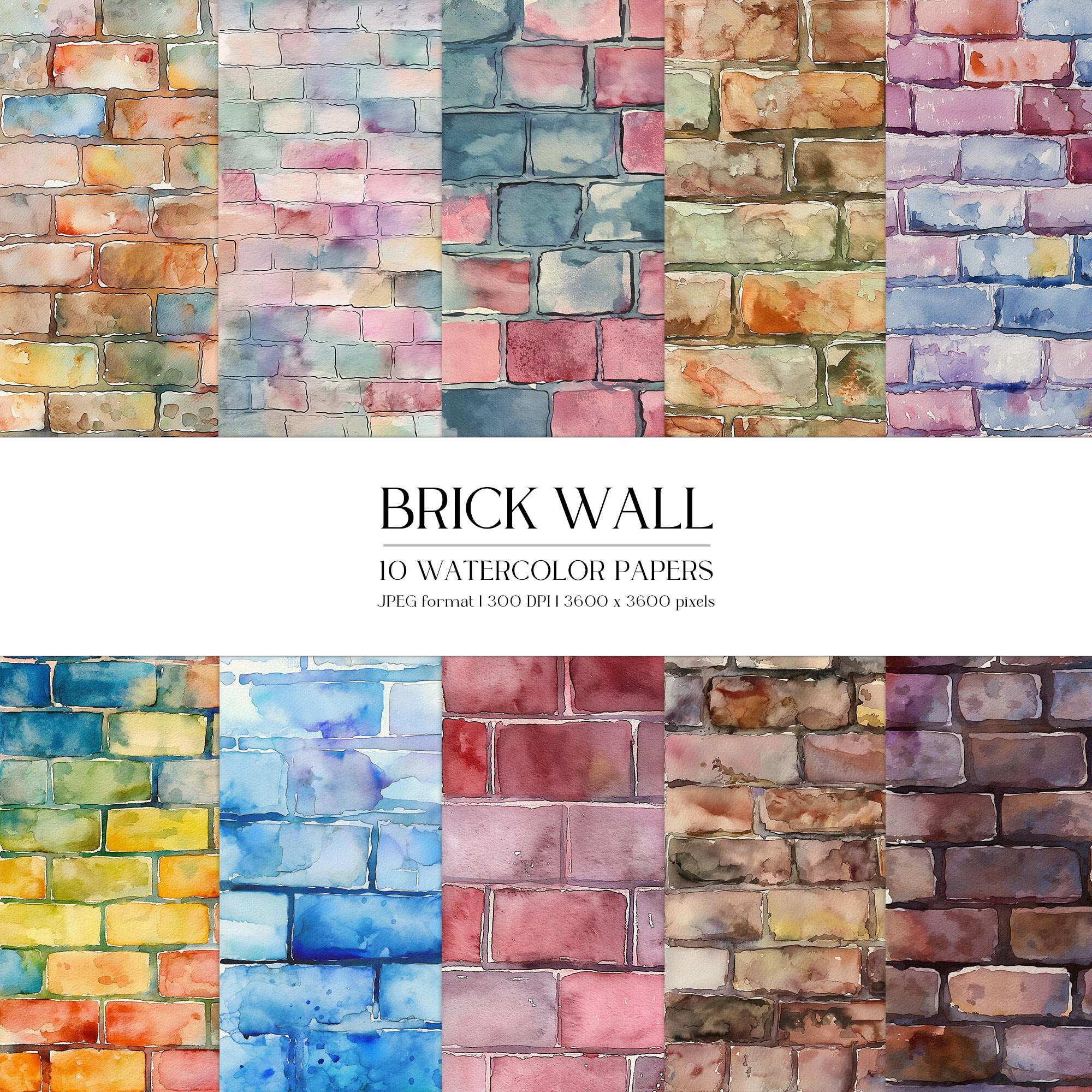 Brick Wall Watercolor Digital Paper Stone Masonry Abstract Background ...