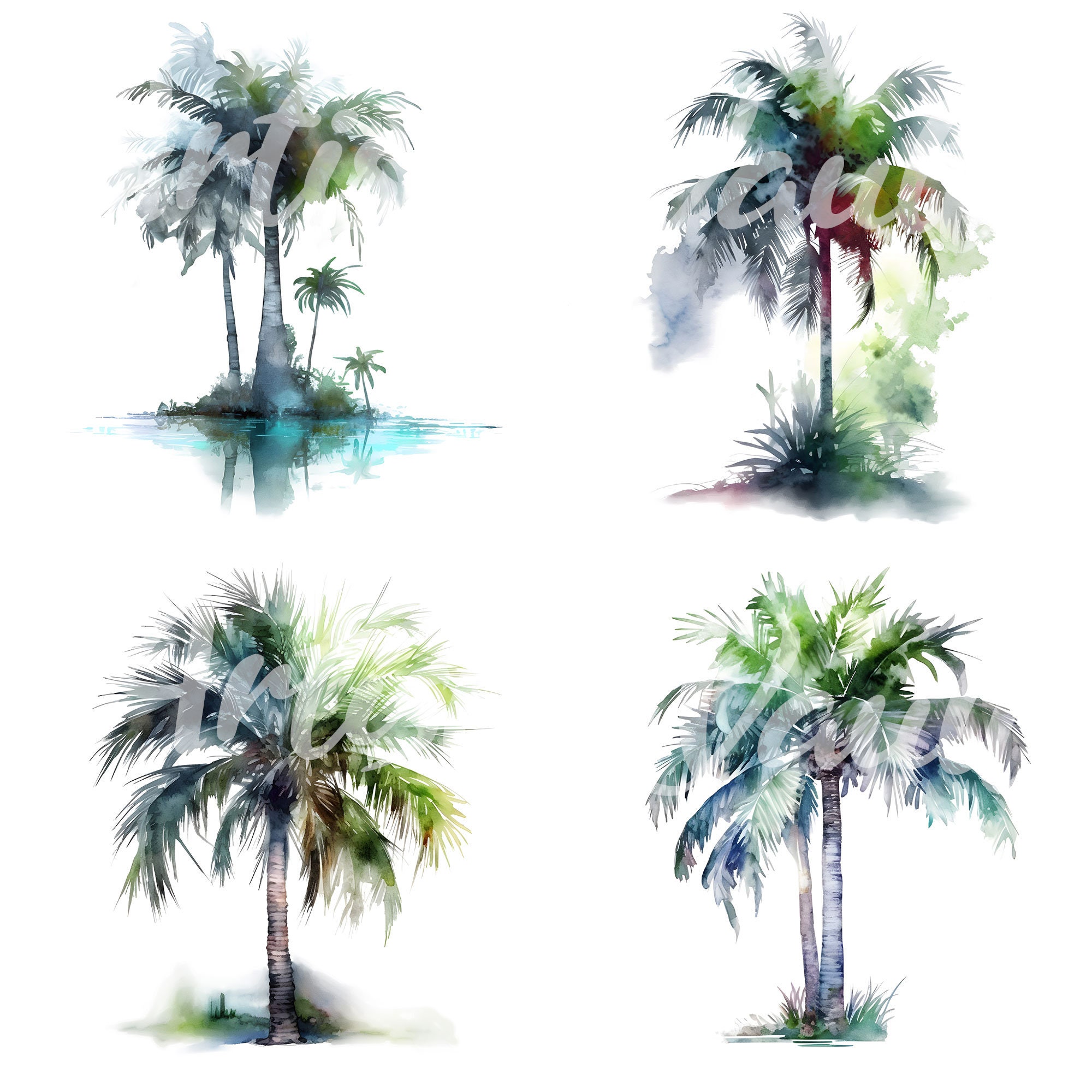 Palm Tree Watercolor Clipart Tropical Shrub JPG Set - Etsy